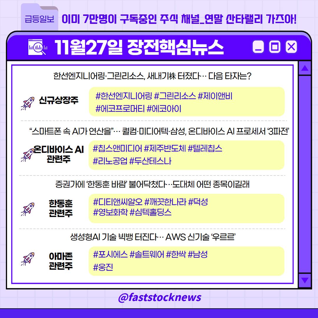 11월 27일 월 급등일보 돈이 될 장전뉴스 And 관심종목 한선엔지니어링 그린리소스 제이앤비 칩스앤미디어 제주